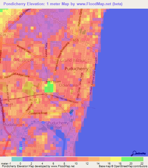 Elevation of Pondicherry,India Elevation Map, Topography, Contour