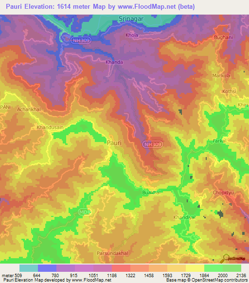 Elevation of Pauri,India Elevation Map, Topography, Contour