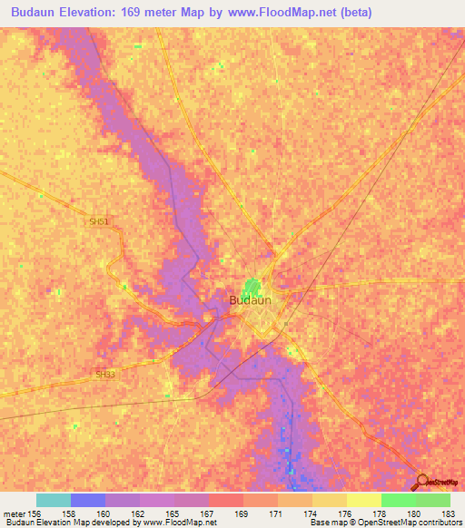 Elevation of Budaun,India Elevation Map, Topography, Contour