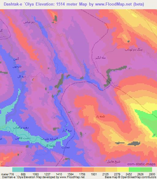 Elevation of Dashtak-e `Olya,Iran Elevation Map, Topography, Contour