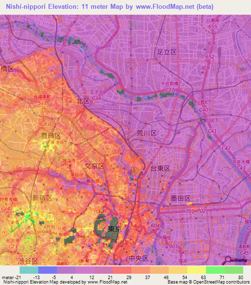 Elevation of Nishi-nippori,Japan Elevation Map, Topography, Contour