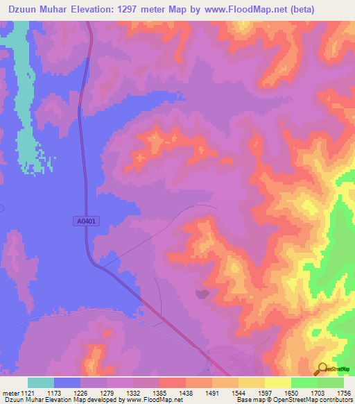 Elevation of Dzuun Muhar,Mongolia Elevation Map, Topography, Contour