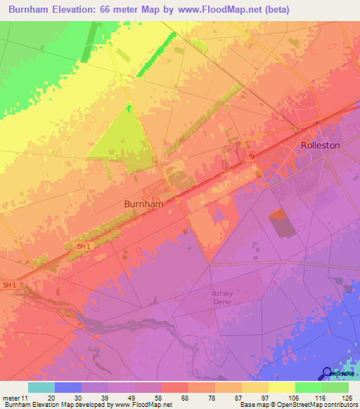 Elevation of Burnham,New Zealand Elevation Map, Topography, Contour