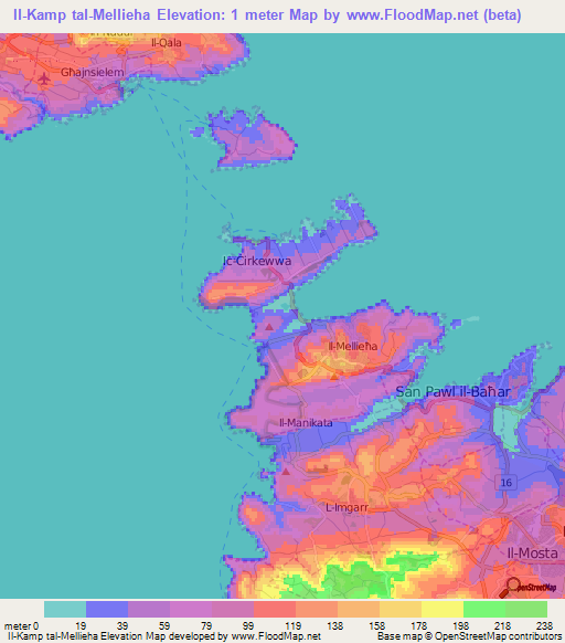 Elevation of Il-Kamp tal-Mellieha,Malta Elevation Map, Topography, Contour