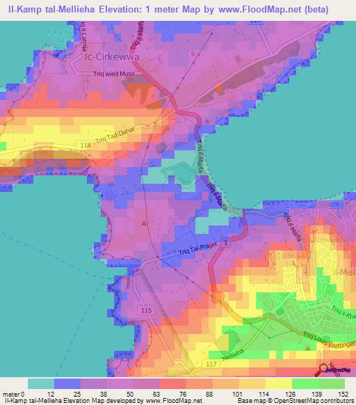 Elevation of Il-Kamp tal-Mellieha,Malta Elevation Map, Topography, Contour