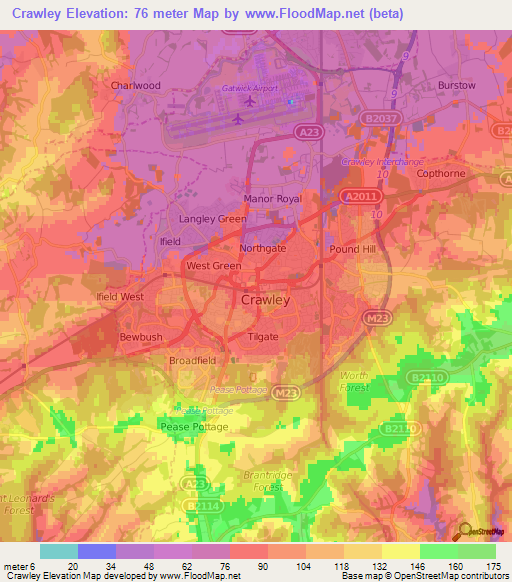 Elevation of Crawley,UK Elevation Map, Topography, Contour