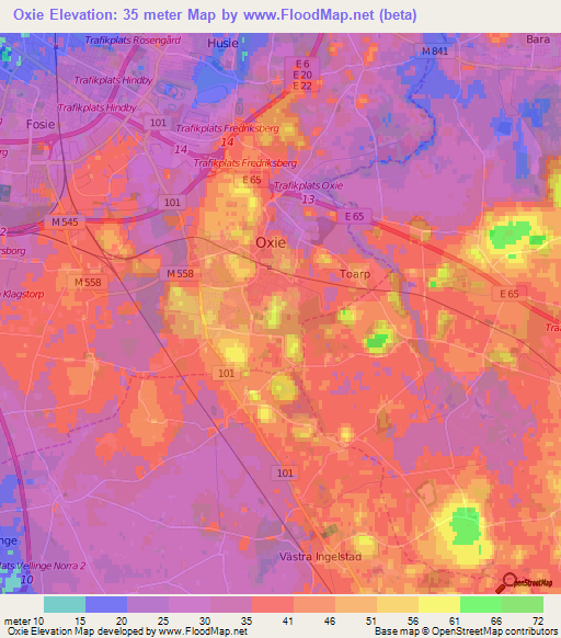 Elevation of Oxie,Sweden Elevation Map, Topography, Contour