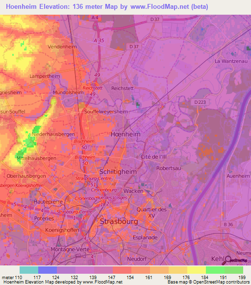 Elevation of Hoenheim,France Elevation Map, Topography, Contour