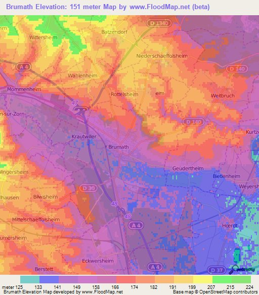 Elevation of Brumath,France Elevation Map, Topography, Contour
