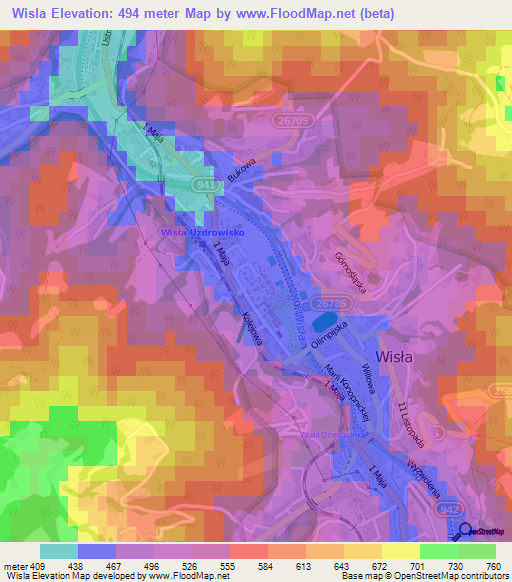Elevation of Wisla,Poland Elevation Map, Topography, Contour