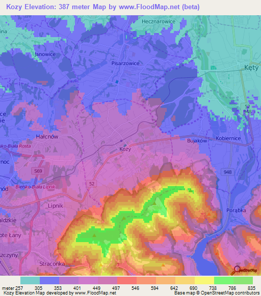 Elevation of Kozy,Poland Elevation Map, Topography, Contour