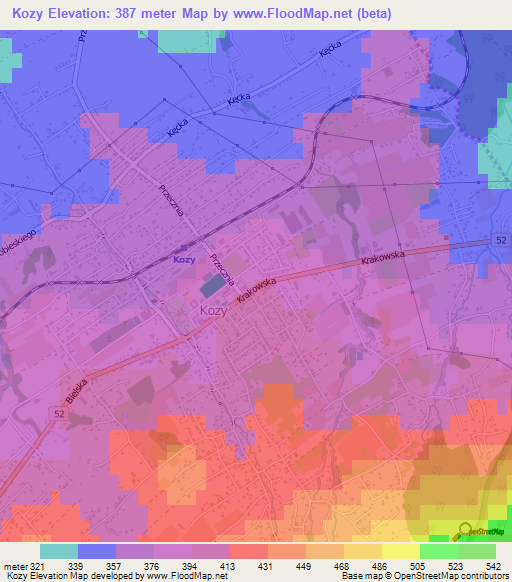 Elevation of Kozy,Poland Elevation Map, Topography, Contour