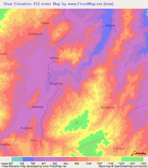 Elevation of Hisar,Turkey Elevation Map, Topography, Contour