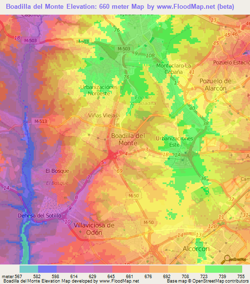 Elevation of Boadilla del Monte,Spain Elevation Map, Topography, Contour