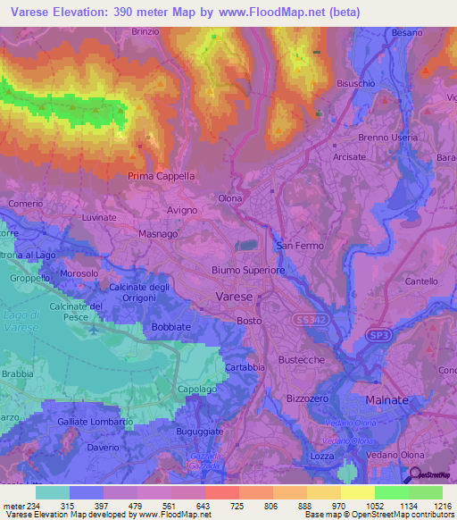 Elevation of Varese,Italy Elevation Map, Topography, Contour
