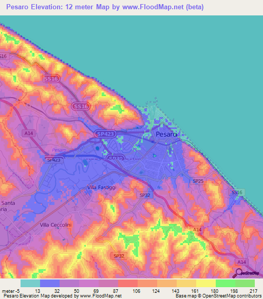 Elevation of Pesaro,Italy Elevation Map, Topography, Contour