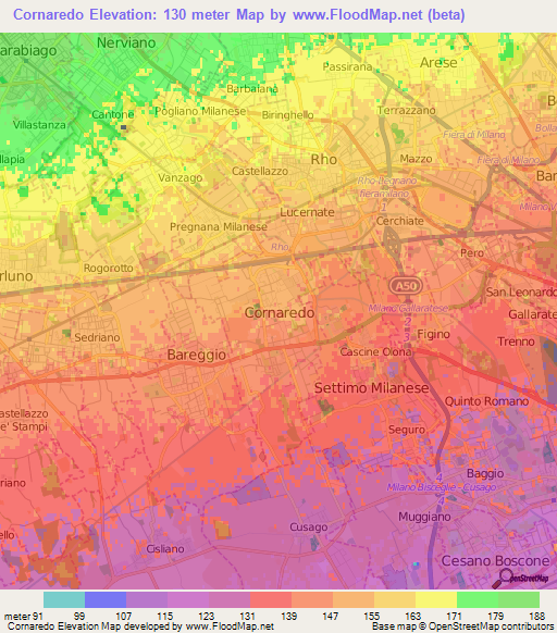 Elevation of Cornaredo,Italy Elevation Map, Topography, Contour