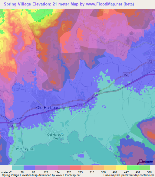 Elevation of Spring Village,Jamaica Elevation Map, Topography, Contour