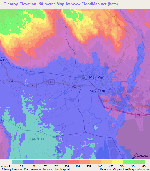 Elevation of Glenroy,Jamaica Elevation Map, Topography, Contour