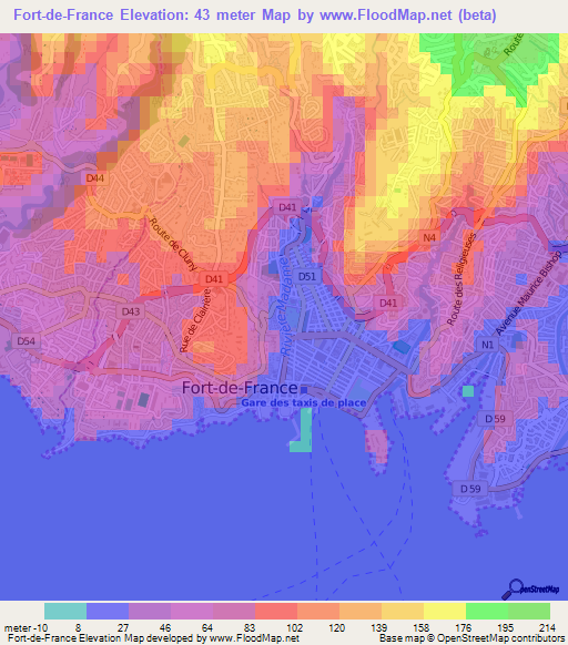 Elevation of Fort-de-France,Martinique Elevation Map, Topography, Contour