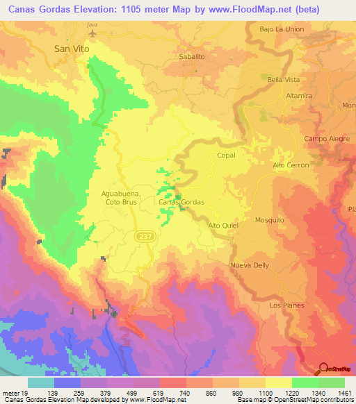 Elevation of Canas Gordas,Costa Rica Elevation Map, Topography, Contour