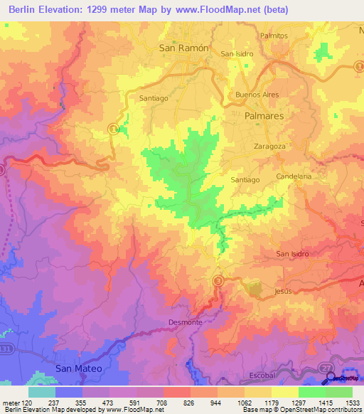Elevation of Berlin,Costa Rica Elevation Map, Topography, Contour