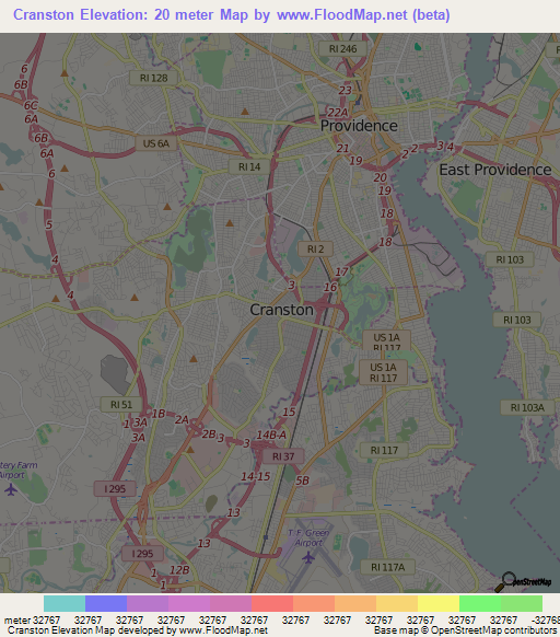 Elevation of Cranston,US Elevation Map, Topography, Contour