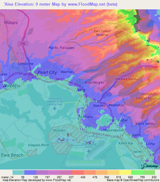 Elevation of 'Aiea,US Elevation Map, Topography, Contour