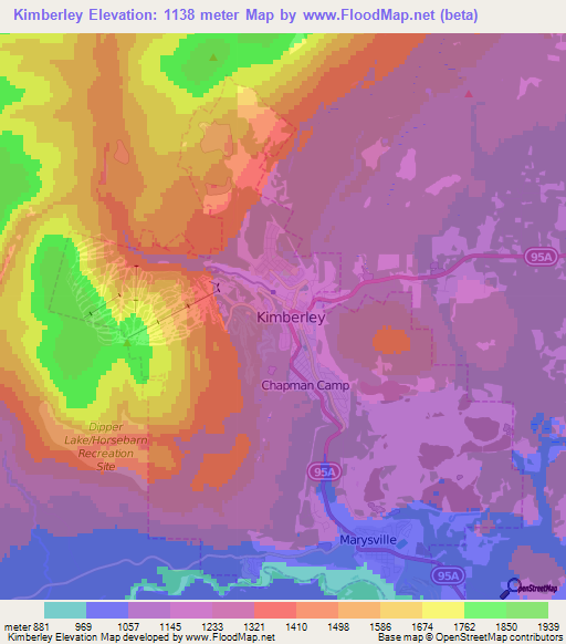 Elevation of Kimberley,Canada Elevation Map, Topography, Contour
