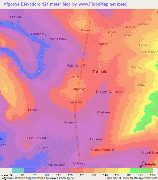 Elevation of Afgooye,Somalia Elevation Map, Topography, Contour