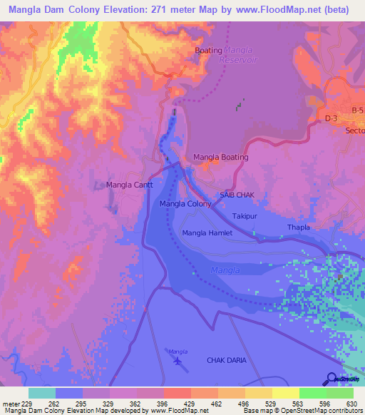 Elevation of Mangla Dam Colony,Pakistan Elevation Map, Topography, Contour