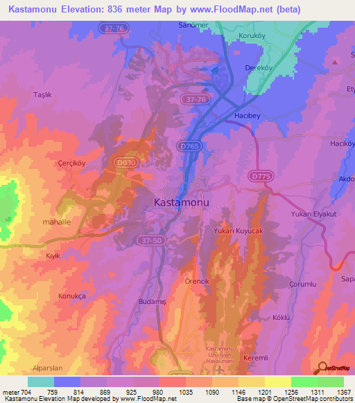 Elevation of Kastamonu,Turkey Elevation Map, Topography, Contour