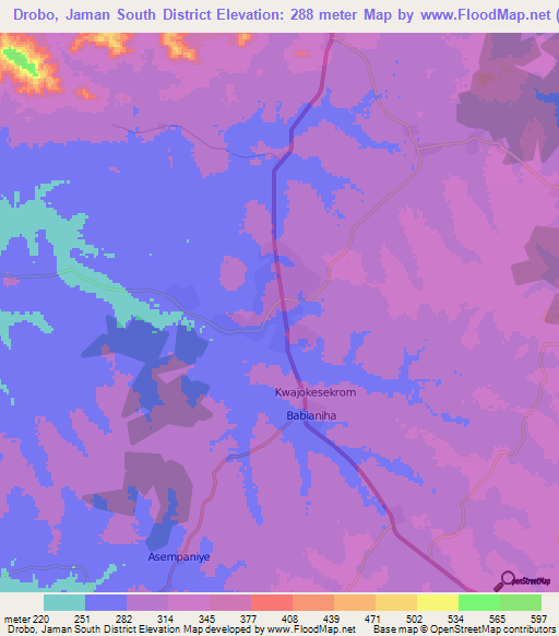 Elevation of Drobo, Jaman South District,Ghana Elevation Map ...