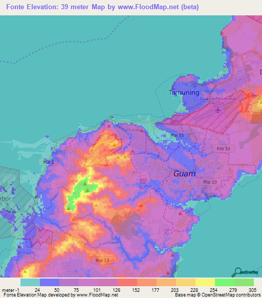 Elevation of Fonte,Guam Elevation Map, Topography, Contour