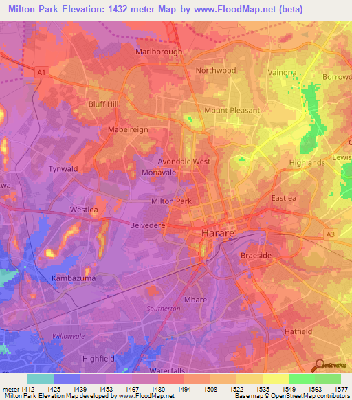 Elevation of Milton Park,Zimbabwe Elevation Map, Topography, Contour