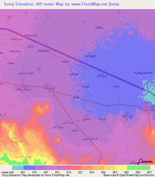 Elevation of Suruj,Syria Elevation Map, Topography, Contour