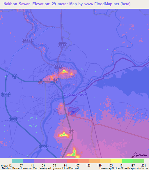Elevation of Nakhon Sawan,Thailand Elevation Map, Topography, Contour