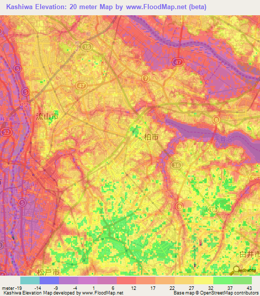 Elevation of Kashiwa,Japan Elevation Map, Topography, Contour