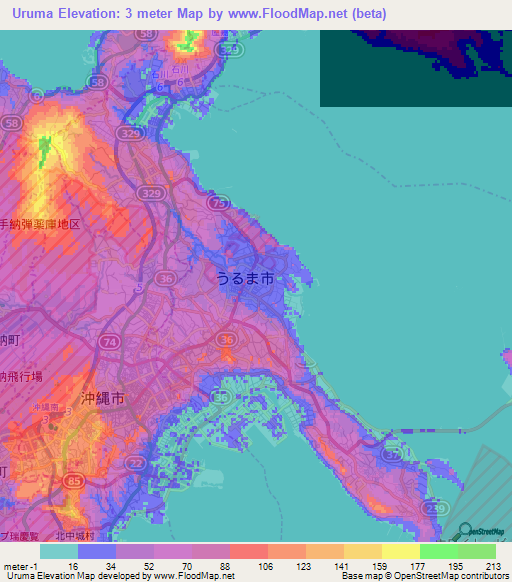 Elevation of Uruma,Japan Elevation Map, Topography, Contour