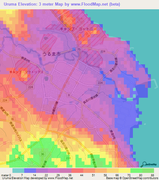 Elevation of Uruma,Japan Elevation Map, Topography, Contour