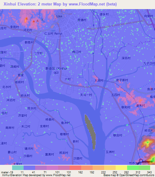 Elevation of Xinhui,China Elevation Map, Topography, Contour