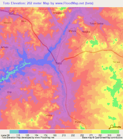 Elevation of Toto,Nigeria Elevation Map, Topography, Contour