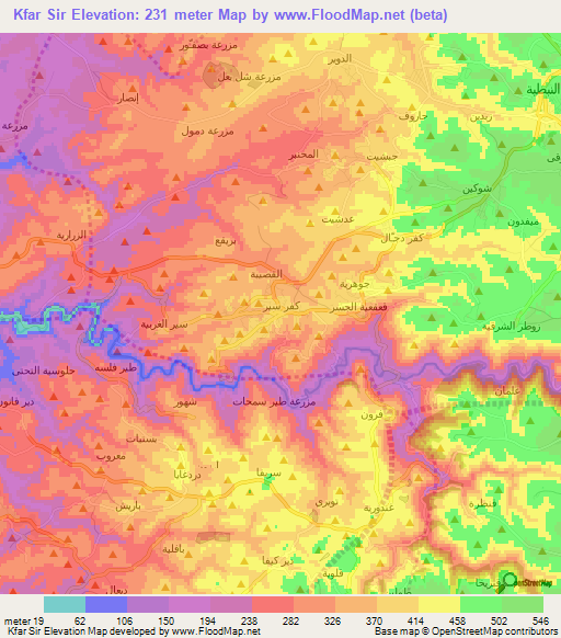 Elevation of Kfar Sir,Lebanon Elevation Map, Topography, Contour