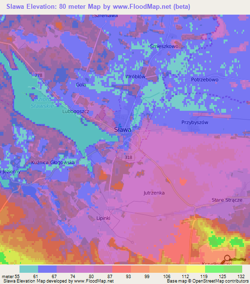Elevation of Slawa,Poland Elevation Map, Topography, Contour