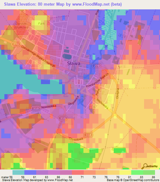 Elevation of Slawa,Poland Elevation Map, Topography, Contour