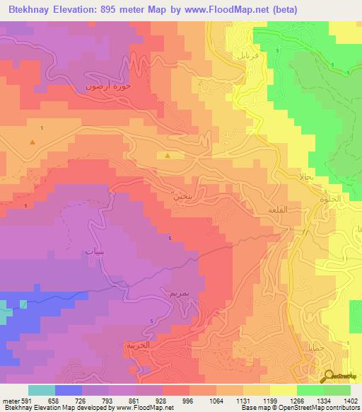 Elevation of Btekhnay,Lebanon Elevation Map, Topography, Contour