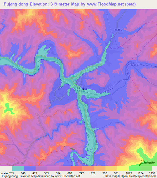 Elevation of Pujang-dong,North Korea Elevation Map, Topography, Contour
