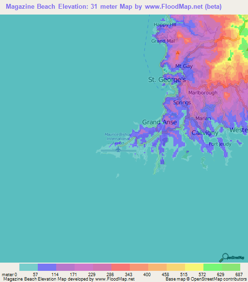 Elevation of Magazine Beach,Grenada Elevation Map, Topography, Contour
