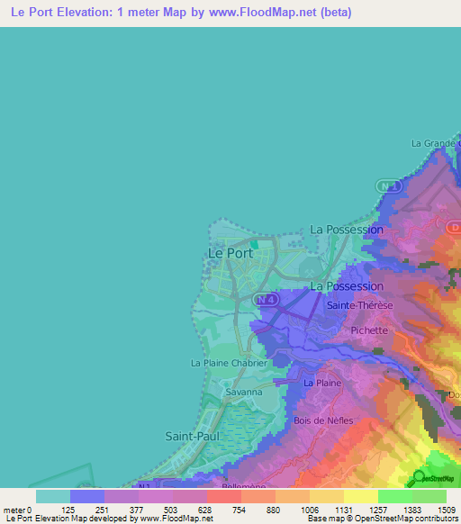 Elevation of Le Port,Reunion Elevation Map, Topography, Contour